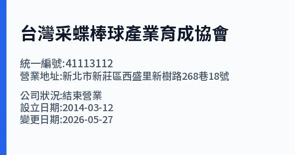 台灣采蝶棒球產業育成協會的照片-統編 41113112(新北市) 公司登記資料與營業項目詳細圖表