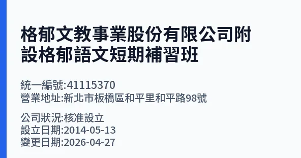 格郁文教事業股份有限公司附設格郁語文短期補習班的照片-統編 41115370(新北市) 公司登記資料與營業項目詳細圖表