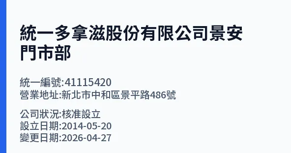 統一多拿滋股份有限公司景安門市部的照片-統編 41115420(新北市) 公司登記資料與營業項目詳細圖表