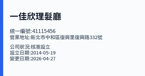 一佳欣理髮廳的照片-統編 41115456(新北市) 公司登記資料與營業項目詳細圖表
