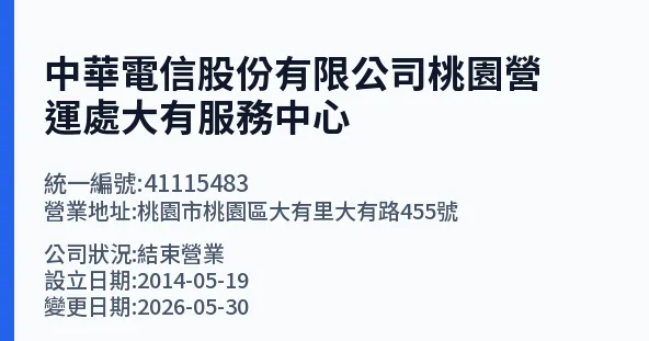 中華電信股份有限公司桃園營運處大有服務中心的照片-統編 41115483(桃園市) 公司登記資料與營業項目詳細圖表