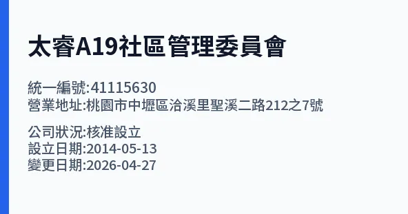 太睿A19社區管理委員會的照片-統編 41115630(桃園市) 公司登記資料與營業項目詳細圖表
