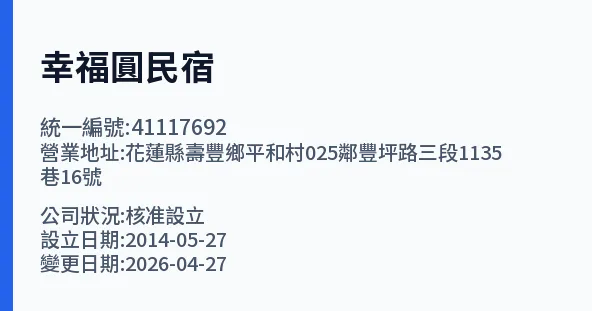 幸福圓民宿的照片-統編 41117692(花蓮縣) 公司登記資料與營業項目詳細圖表