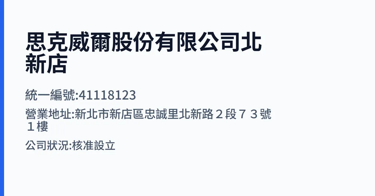 思克威爾股份有限公司北新店 - 統編 41118123(新北市) 公司登記資料與營業項目詳細圖表