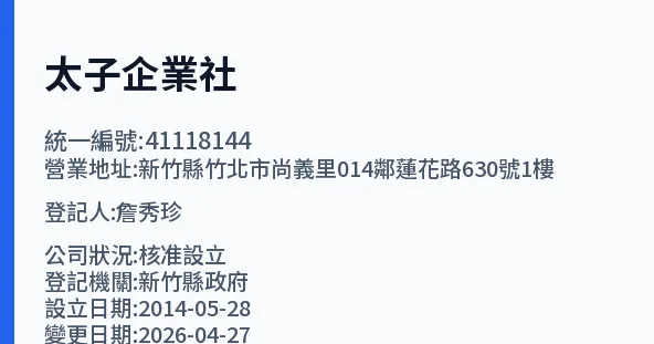 太子企業社的照片-統編 41118144(新竹縣) 公司登記資料與營業項目詳細圖表