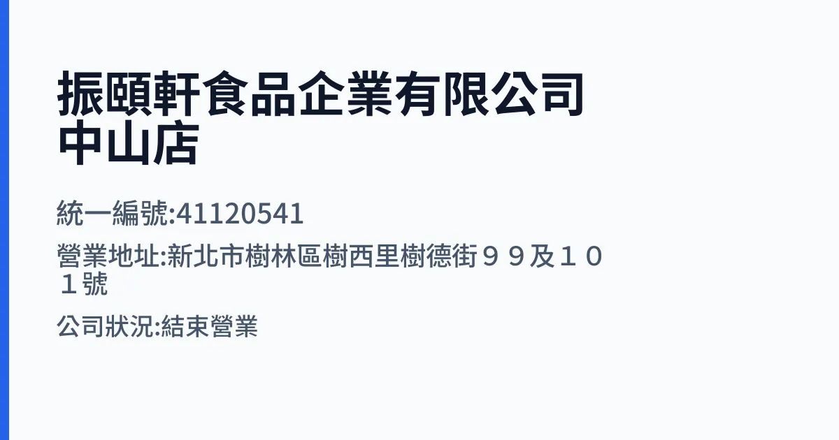 振頤軒食品企業有限公司中山店 - 統編 41120541(新北市) 公司登記資料與營業項目詳細圖表