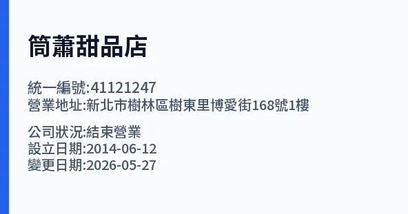 筒蕭甜品店的照片-統編 41121247(新北市) 公司登記資料與營業項目詳細圖表