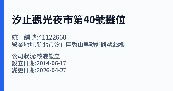 汐止觀光夜市第40號攤位的照片-統編 41122668(新北市) 公司登記資料與營業項目詳細圖表