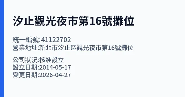 汐止觀光夜市第16號攤位的照片-統編 41122702(新北市) 公司登記資料與營業項目詳細圖表