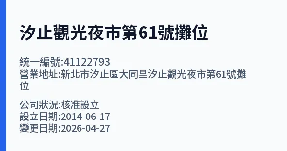汐止觀光夜市第61號攤位的照片-統編 41122793(新北市) 公司登記資料與營業項目詳細圖表