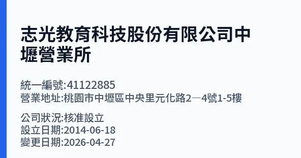 志光教育科技股份有限公司中壢營業所的照片-統編 41122885(桃園市) 公司登記資料與營業項目詳細圖表