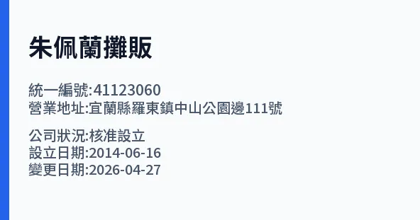 朱佩蘭攤販的照片-統編 41123060(宜蘭縣) 公司登記資料與營業項目詳細圖表