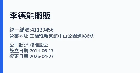 李德能攤販的照片-統編 41123456(宜蘭縣) 公司登記資料與營業項目詳細圖表