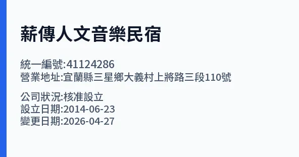 薪傳人文音樂民宿的照片-統編 41124286(宜蘭縣) 公司登記資料與營業項目詳細圖表