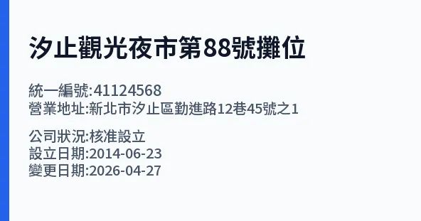 汐止觀光夜市第88號攤位的照片-統編 41124568(新北市) 公司登記資料與營業項目詳細圖表