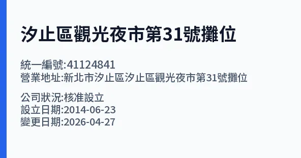 汐止區觀光夜市第31號攤位的照片-統編 41124841(新北市) 公司登記資料與營業項目詳細圖表