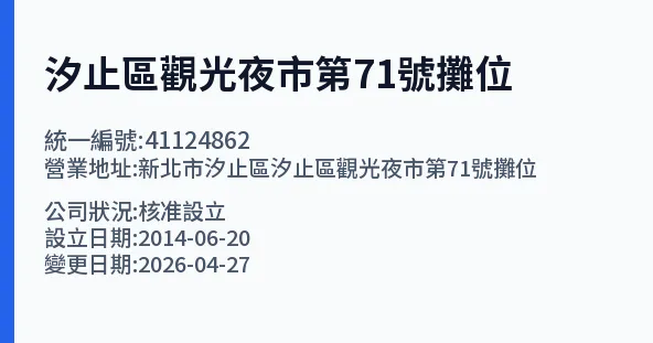 汐止區觀光夜市第71號攤位的照片-統編 41124862(新北市) 公司登記資料與營業項目詳細圖表