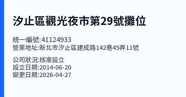 汐止區觀光夜市第29號攤位的照片-統編 41124933(新北市) 公司登記資料與營業項目詳細圖表
