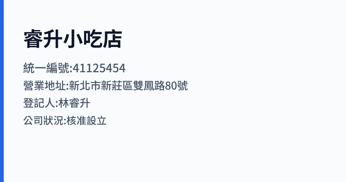 睿升小吃店 - 統編 41125454(新北市) 公司登記資料與營業項目詳細圖表