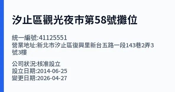 汐止區觀光夜市第58號攤位的照片-統編 41125551(新北市) 公司登記資料與營業項目詳細圖表