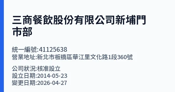 三商餐飲股份有限公司新埔門市部的照片-統編 41125638(新北市) 公司登記資料與營業項目詳細圖表