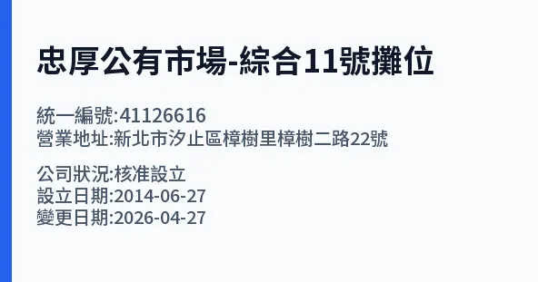 忠厚公有市場-綜合11號攤位的照片-統編 41126616(新北市) 公司登記資料與營業項目詳細圖表