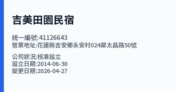 吉美田園民宿的照片-統編 41126643(花蓮縣) 公司登記資料與營業項目詳細圖表