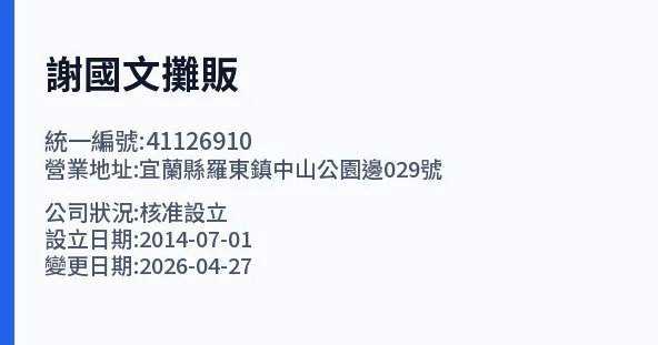 謝國文攤販的照片-統編 41126910(宜蘭縣) 公司登記資料與營業項目詳細圖表