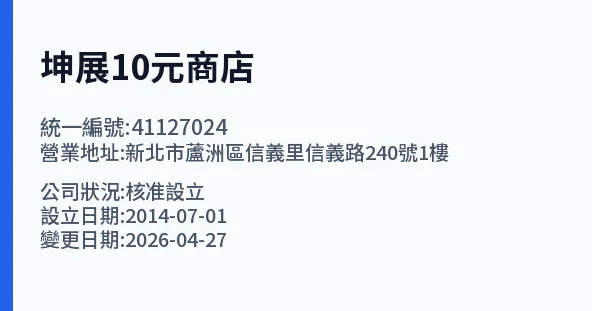 坤展10元商店的照片-統編 41127024(新北市) 公司登記資料與營業項目詳細圖表