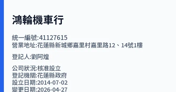 鴻輪機車行的照片-統編 41127615(花蓮縣) 公司登記資料與營業項目詳細圖表