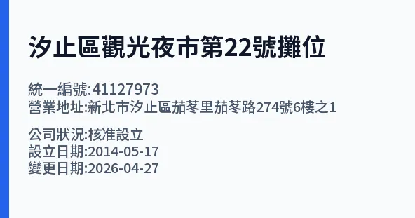 汐止區觀光夜市第22號攤位的照片-統編 41127973(新北市) 公司登記資料與營業項目詳細圖表