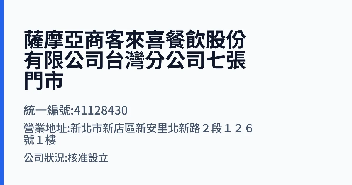 薩摩亞商客來喜餐飲股份有限公司台灣分公司七張門市 - 統編 41128430(新北市) 公司登記資料與營業項目詳細圖表