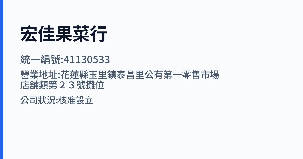宏佳果菜行 - 統編 41130533(花蓮縣) 公司登記資料與營業項目詳細圖表