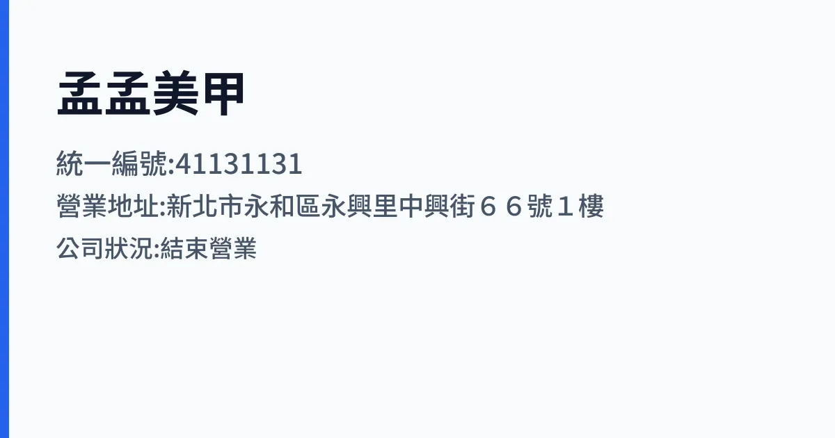 孟孟美甲 - 統編 41131131(新北市) 公司登記資料與營業項目詳細圖表