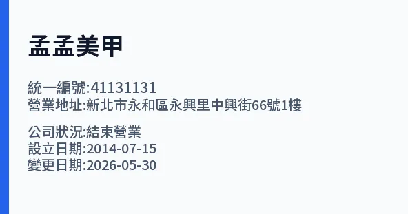 孟孟美甲的照片-統編 41131131(新北市) 公司登記資料與營業項目詳細圖表