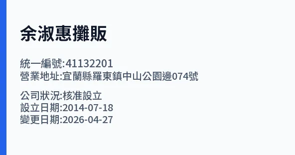 余淑惠攤販的照片-統編 41132201(宜蘭縣) 公司登記資料與營業項目詳細圖表