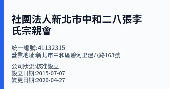 社團法人新北市中和二八張李氏宗親會的照片-統編 41132315(新北市) 公司登記資料與營業項目詳細圖表