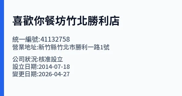 喜歡你餐坊竹北勝利店的照片-統編 41132758(新竹縣) 公司登記資料與營業項目詳細圖表