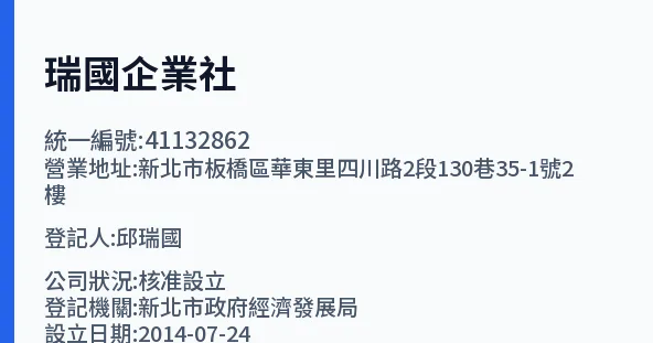 瑞國企業社的照片-統編 41132862(新北市) 公司登記資料與營業項目詳細圖表