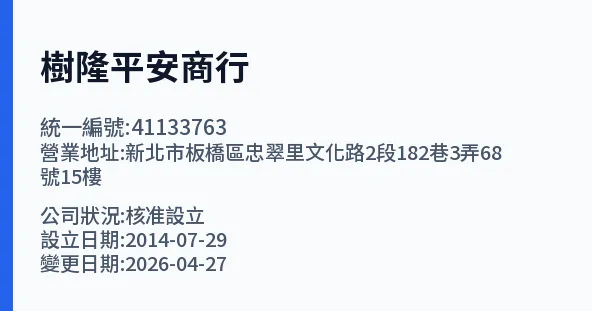 樹隆平安商行的照片-統編 41133763(新北市) 公司登記資料與營業項目詳細圖表