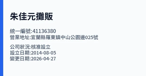朱佳元攤販的照片-統編 41136380(宜蘭縣) 公司登記資料與營業項目詳細圖表