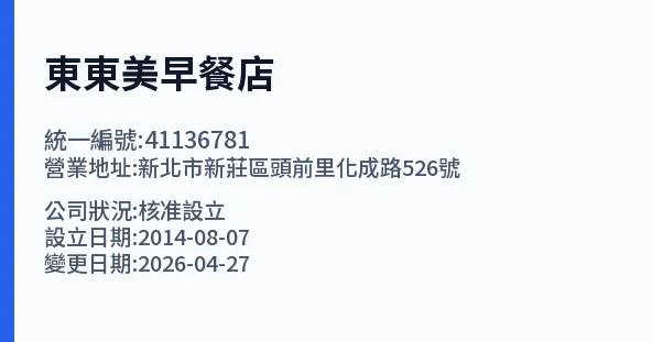 東東美早餐店的照片-統編 41136781(新北市) 公司登記資料與營業項目詳細圖表