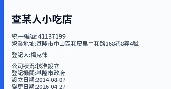 查某人小吃店的照片-統編 41137199(基隆市) 公司登記資料與營業項目詳細圖表