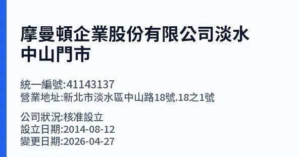 摩曼頓企業股份有限公司淡水中山門市的照片-統編 41143137(新北市) 公司登記資料與營業項目詳細圖表