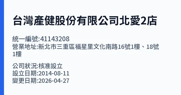 台灣產健股份有限公司北愛2店的照片-統編 41143208(新北市) 公司登記資料與營業項目詳細圖表