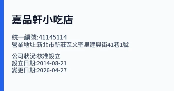 嘉品軒小吃店的照片-統編 41145114(新北市) 公司登記資料與營業項目詳細圖表