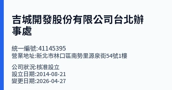 吉城開發股份有限公司台北辦事處的照片-統編 41145395(新北市) 公司登記資料與營業項目詳細圖表