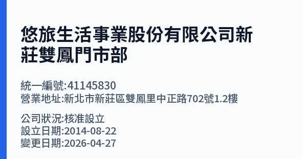 悠旅生活事業股份有限公司新莊雙鳳門市部的照片-統編 41145830(新北市) 公司登記資料與營業項目詳細圖表