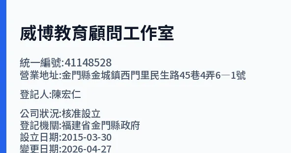 威博教育顧問工作室的照片-統編 41148528(金門縣) 公司登記資料與營業項目詳細圖表
