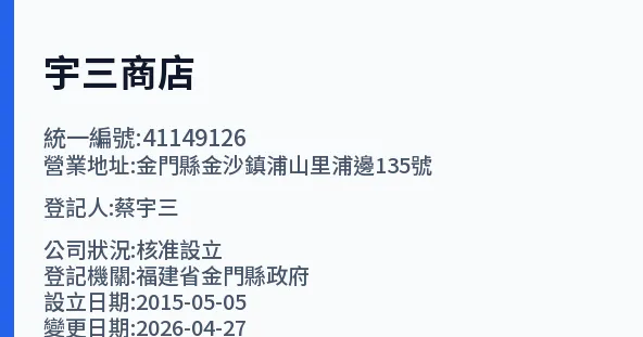 宇三商店的照片-統編 41149126(金門縣) 公司登記資料與營業項目詳細圖表